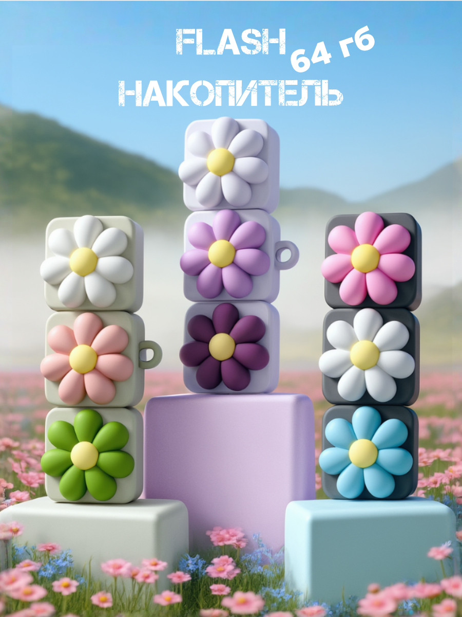 Флешка "Цветы", 64Гб, USB Type-A/C, брелок, ударопрочная, водонепроницаемая