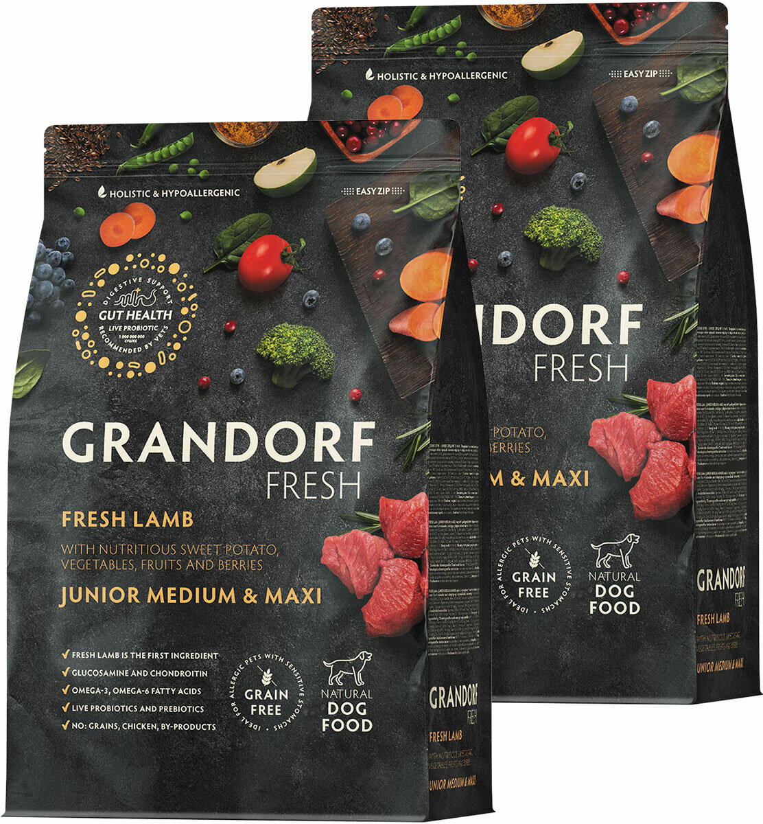 Корм сухой Grandorf Fresh Grain Free Junior Medium & Maxi Lamb & Sweet Potato беззерновой для юниоров средних и крупных пород беременных и кормящих сук с ягненком и бататом, 3 кг х 2 шт