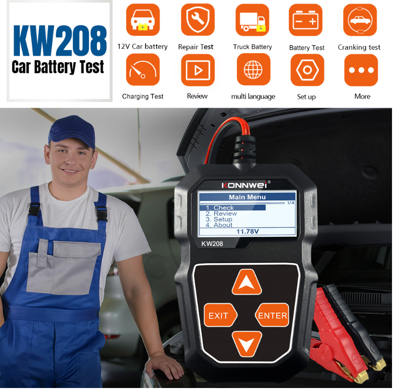 Тестер аккумулятора KONNWEI KW208 • 12V Battery Analyzer • Диагностика АКБ, генератора и пусковой системы автомобиля