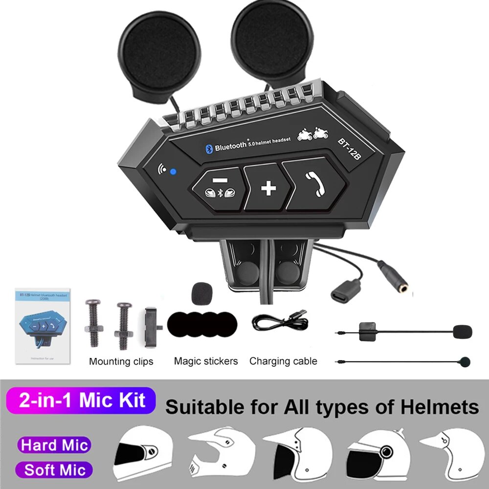 Мотогарнитура BT12B для мотоциклетного шлема, система связи с мотоциклетным шлемом 2 Rider, водонепроницаемое одновременное переговорное устройство, полный дуплекс с DSP CVC, Черный