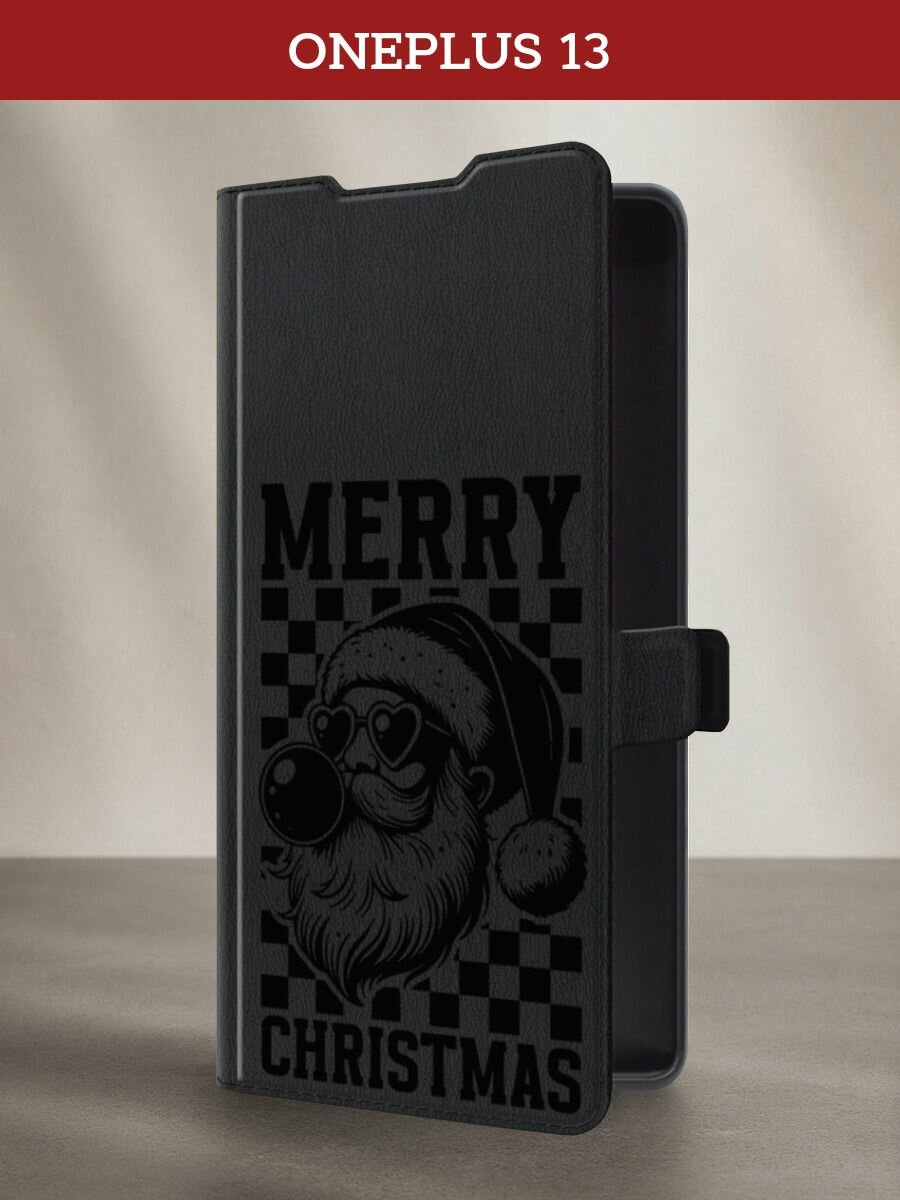 Чехол-книжка на OnePlus 13 / ВанПлас 13 с рисунком Крутой санта, черный