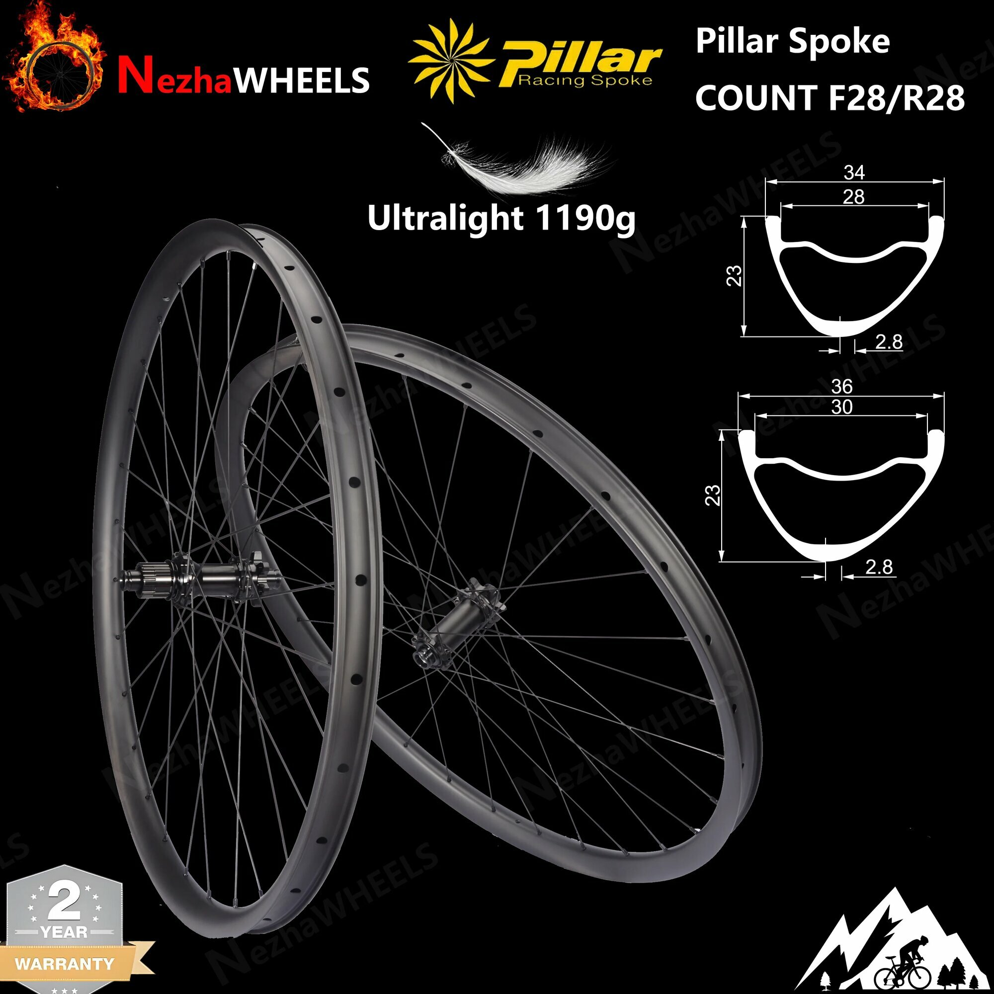 NeZhaWHEELS MTB 1190г Карбоновые Колеса для Горного Велосипеда 34mm, MS, Wing 20