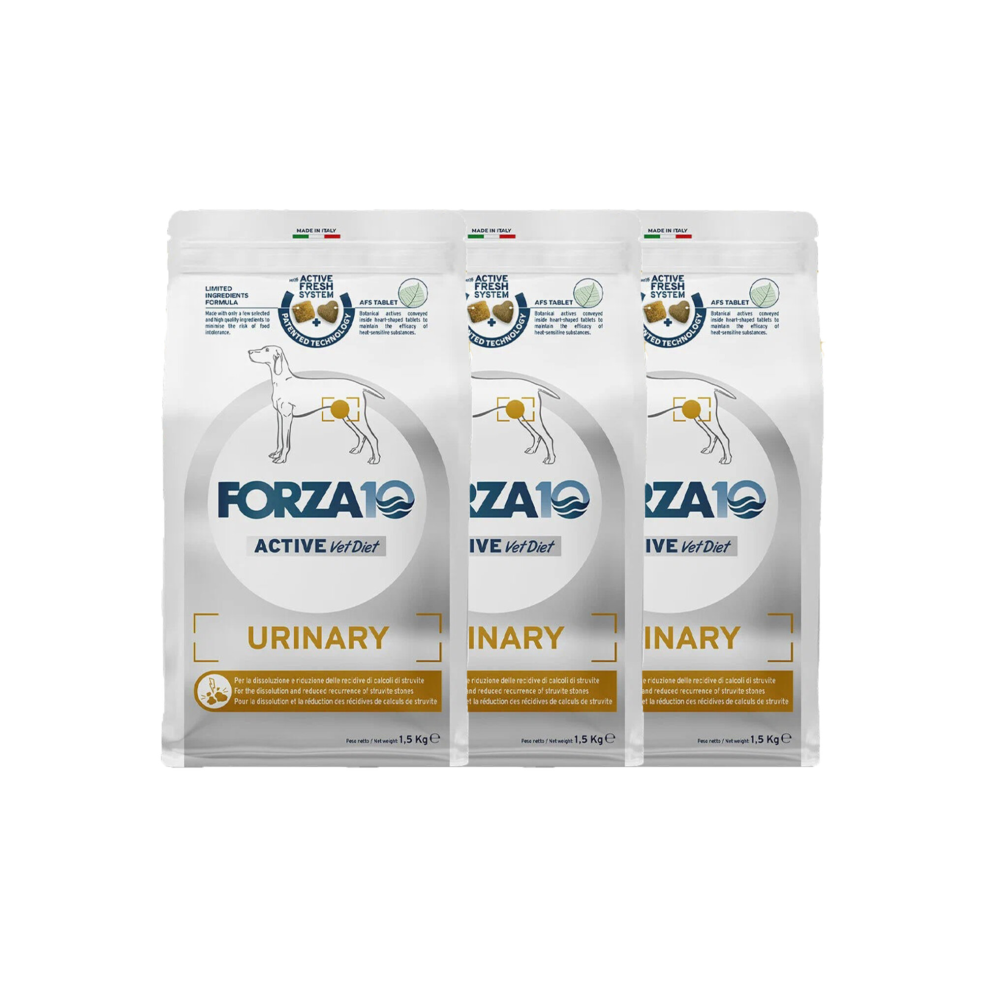 Forza10 URINARY DOG ALL BREEDS ADULT ветеринарная диета, сухой корм для взрослых собак всех пород при мочекаменной болезни, с рыбой, 1,5 кг x 3 шт.