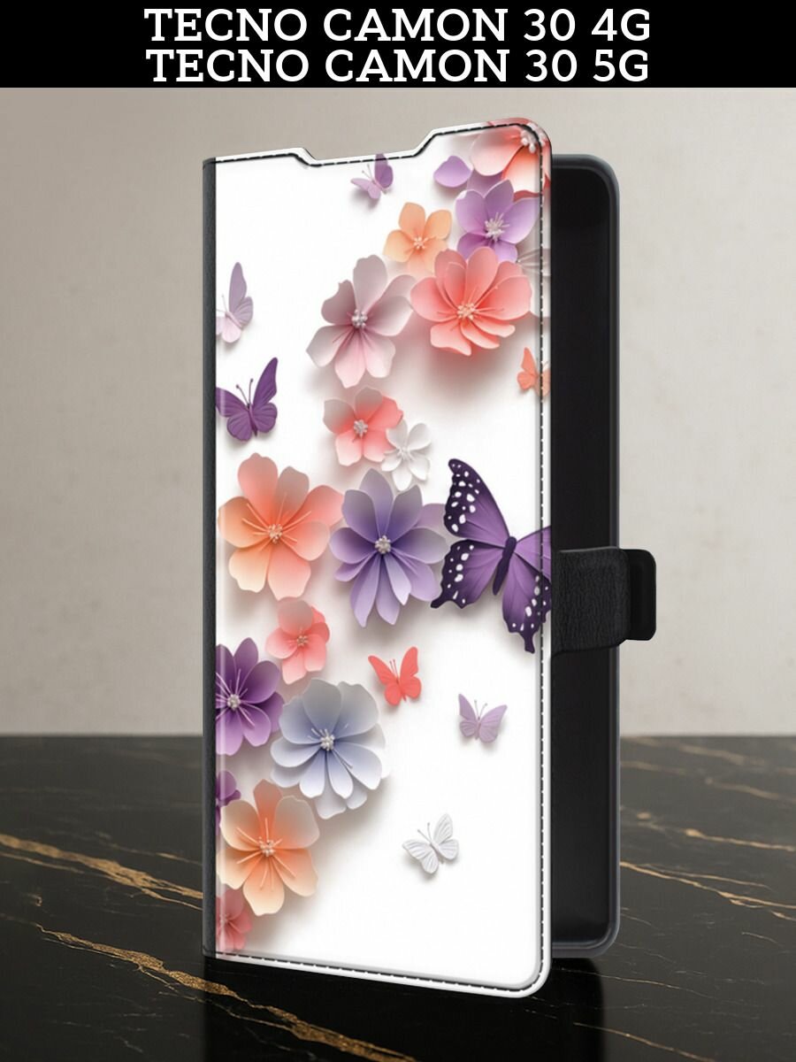 Чехол-книжка на Tecno Camon 30 4G / Tecno Camon 30 5G (Текно Камон 30 4G / Текно Камон 30 5G) с картой и принтом "Диагональ цветов"