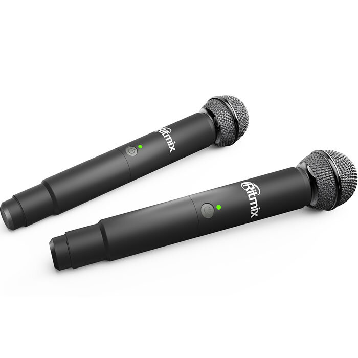 Беспроводная вокальная радиосистема из двух микрофонов Ritmix RWM-422 c компактным ресивером, серый