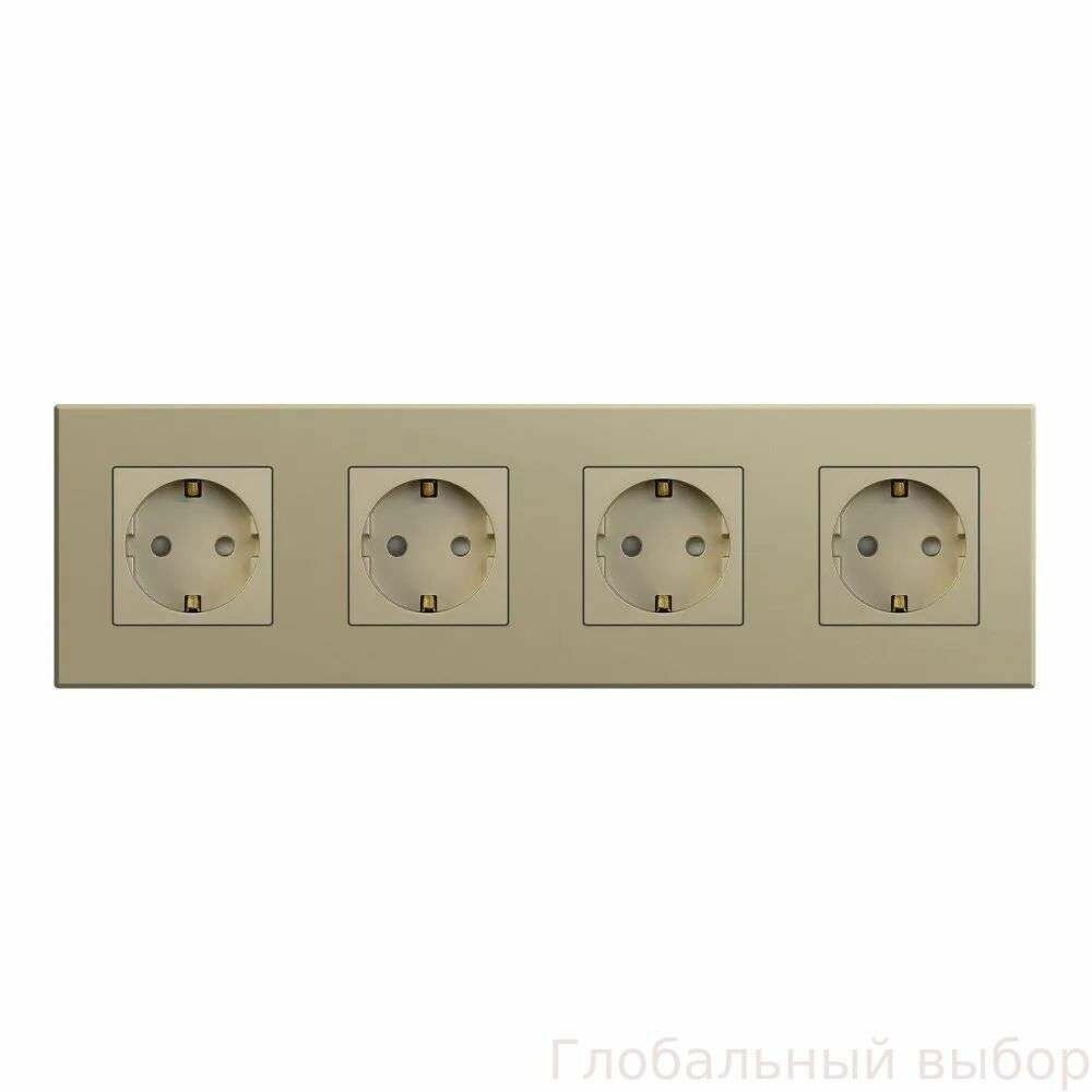 Розетка электрическая золотая четырехпостовая 4 поста 16А 250В с пластиковой рамкой