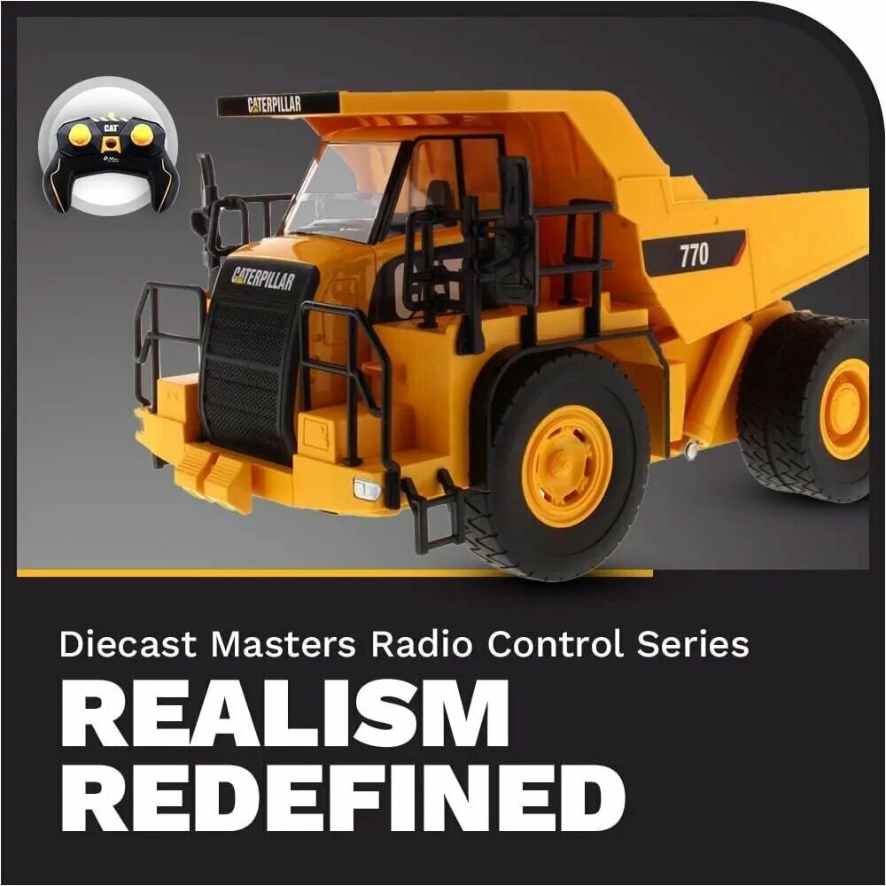 25006 Радиоуправляемый самосвал Caterpillar 1:24 CA770 с подсветкой, звуком и подъемным кузовом Детская модель строительной техники Перезаряжаемый аккумулятор