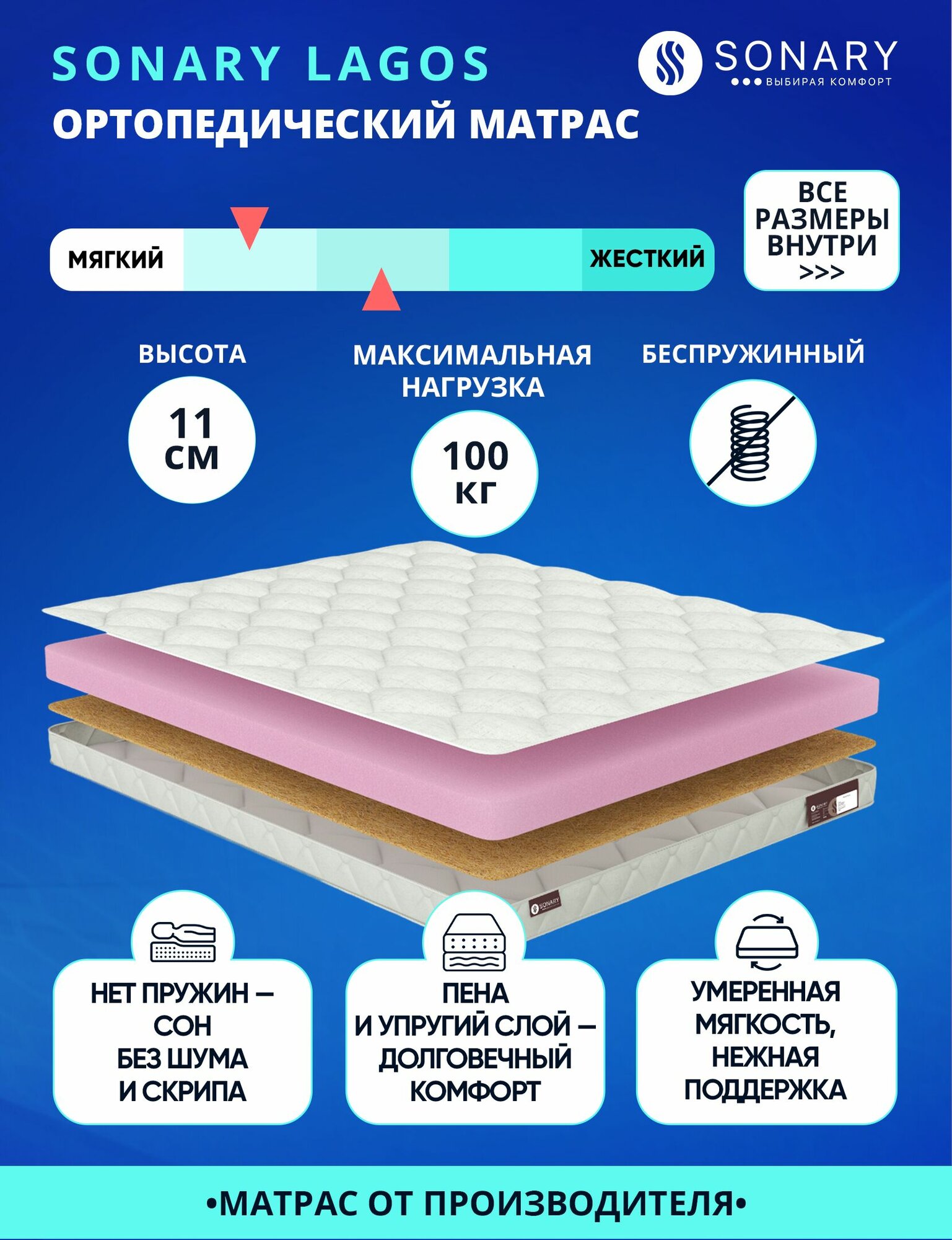 Матрас Sonary Lagos 70х180 серии Solid высота 11 см анатомический средней жесткости Беспружинный