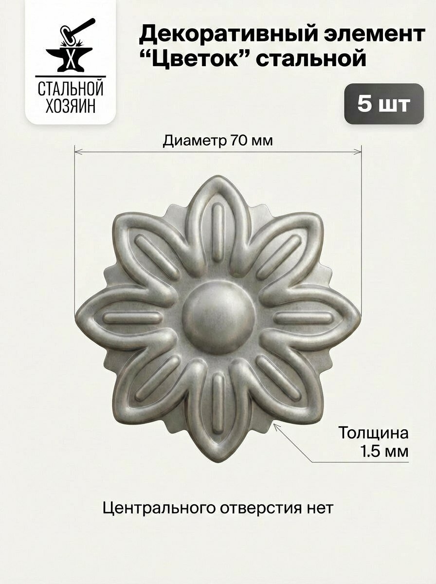 5 шт Кованый элемент Цветок стальной. Диаметр 70 мм. Толщина 1,5 мм