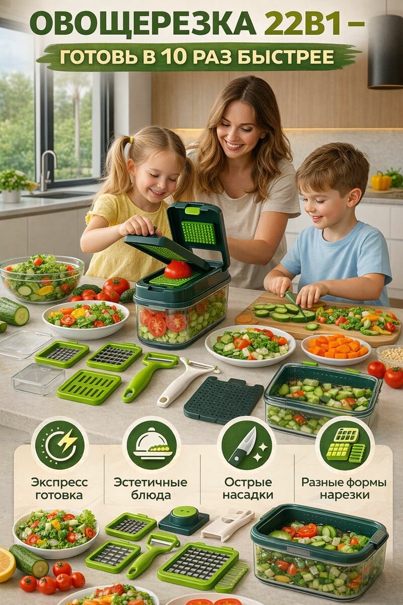 Овощерезка кухонная 22в1 контейнер мойка сменные насадки салаты нарезка фрукты овощи