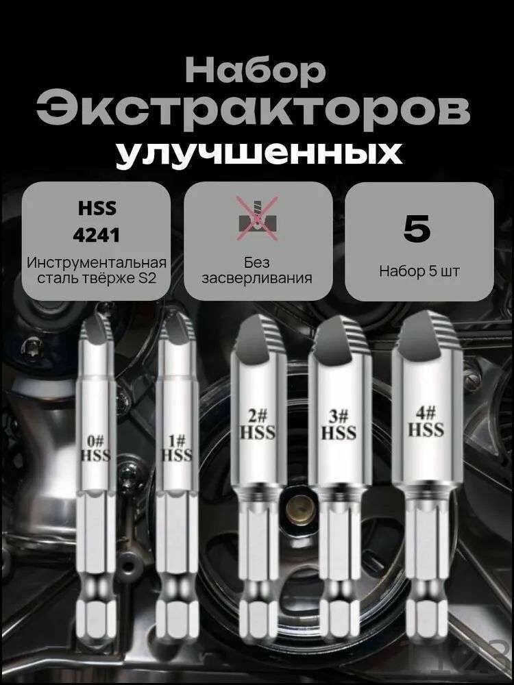 Набор для ремонта крепежа, экстракторы разного диаметра для вытаскивания шурупов, 5 шт, высокопрочная сталь