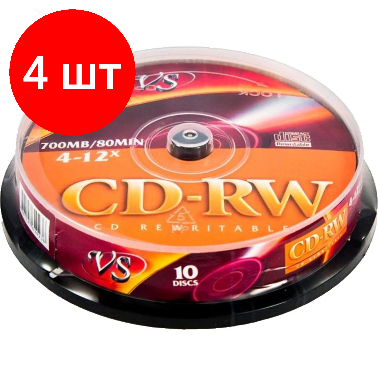 Комплект 4 упаковок, Носители информации CD-RW, 4x-12x, VS, Cake/10, VSCDRWCB1001