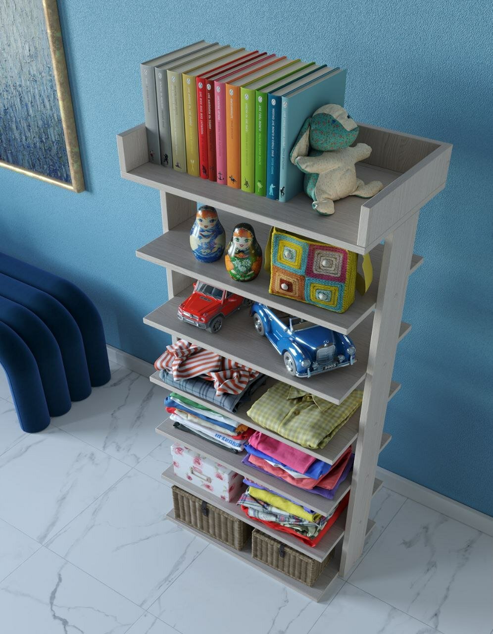 Обувница для прихожей Этажи Досто, 7 полок, высокая деревянная, ясень шимо светлый