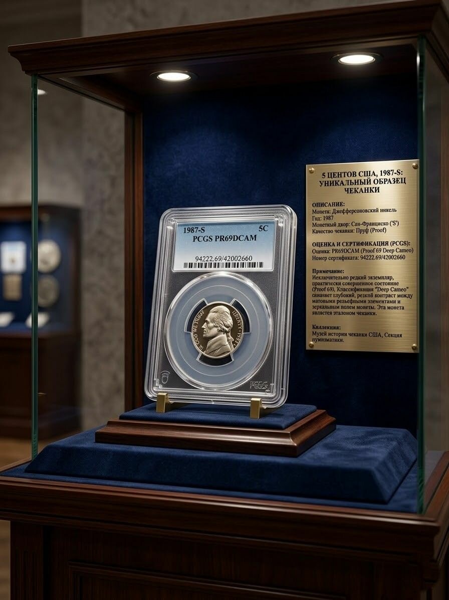 Монета США 5 центов 1987 S Джефферсон PROOF MS69 в слабе PCGS (Professional Coin Grading Service)Deep Cameo