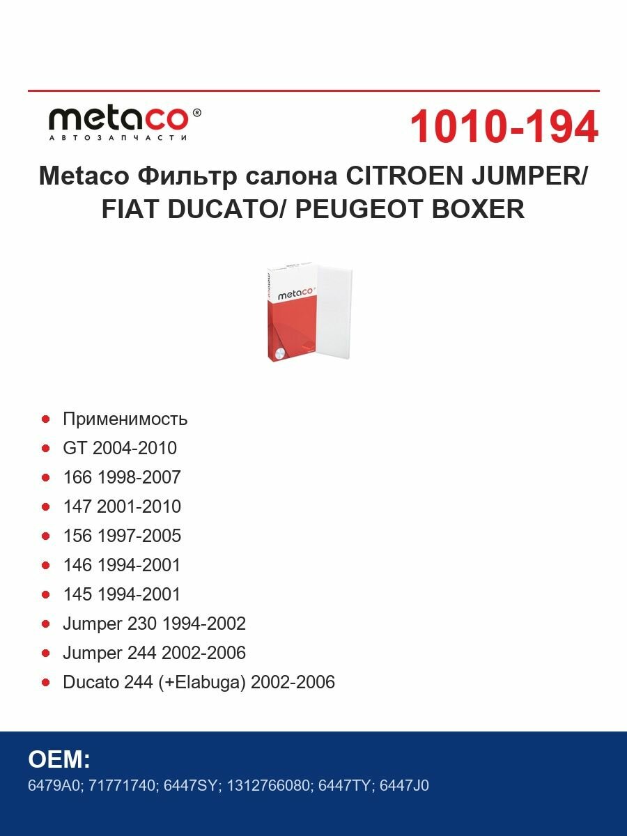 Metaco Фильтр салона CITROEN JUMPER/ FIAT DUCATO/ PEUGEOT BOXER