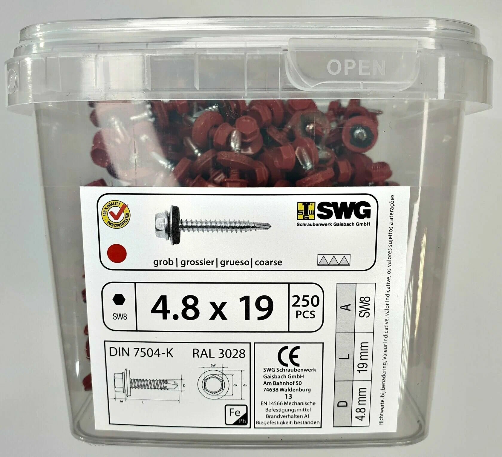 Саморез по металлу SW8 DIN 7504-K RAL 3028 4.8x19 (250pcs) SWG, Германия