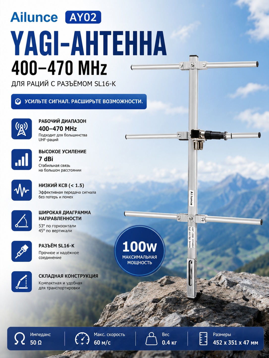 Направленная антенна Yagi Ailunce AY02 VHF UHF, 452 x 351x 47mm