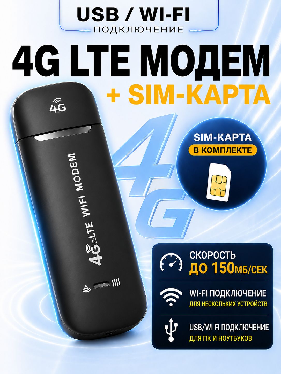 Модем 4G WiFi с сим в комплекте, USB модем для сим карты в USB с раздачей, модем для ноутбука