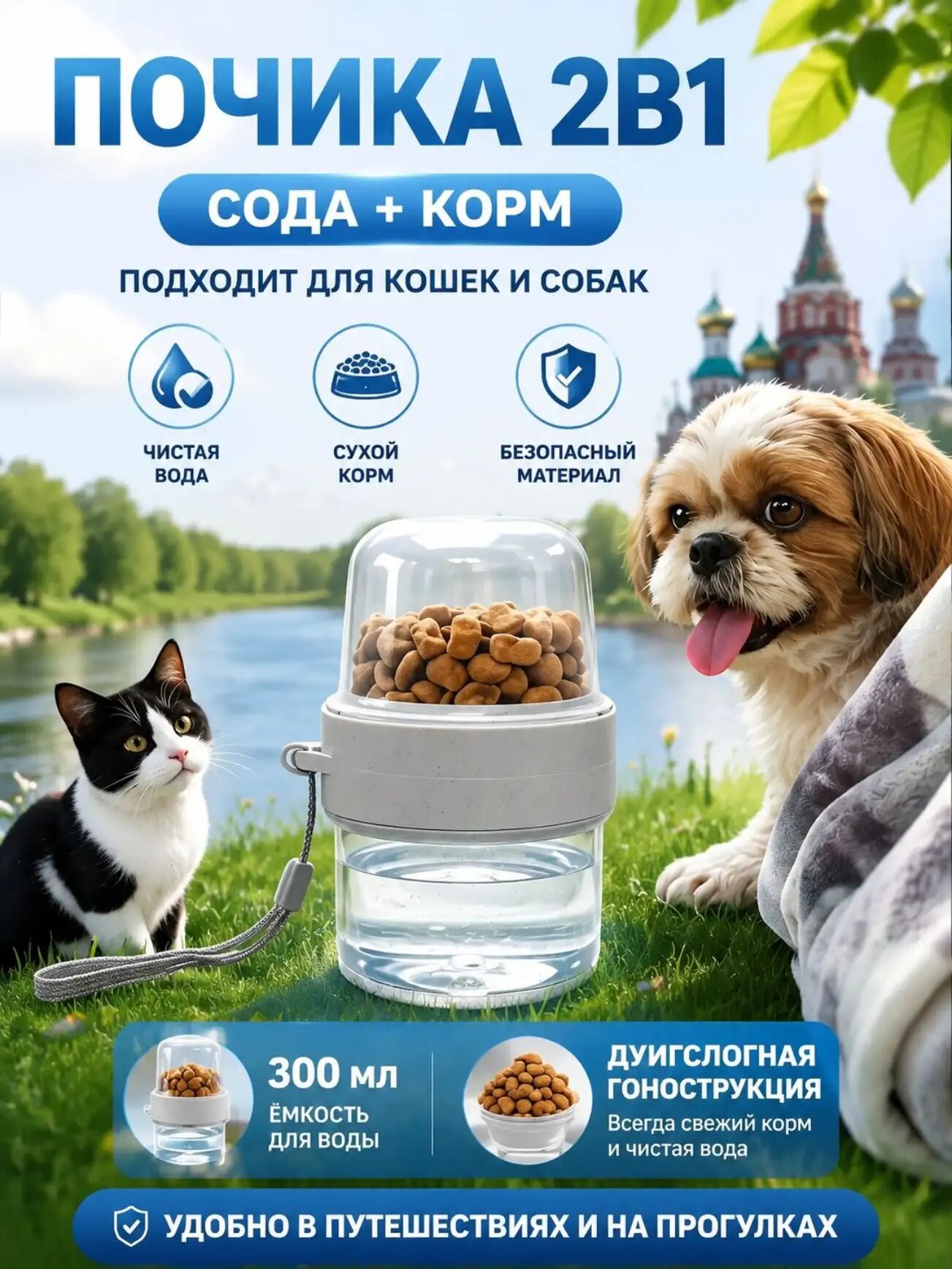 Дорожная непроливайка для питомцев 300 мл, портативная бутылкапоилка 2 в 1 для прогулок, считается премиумаксессуаром для кошек и собак.