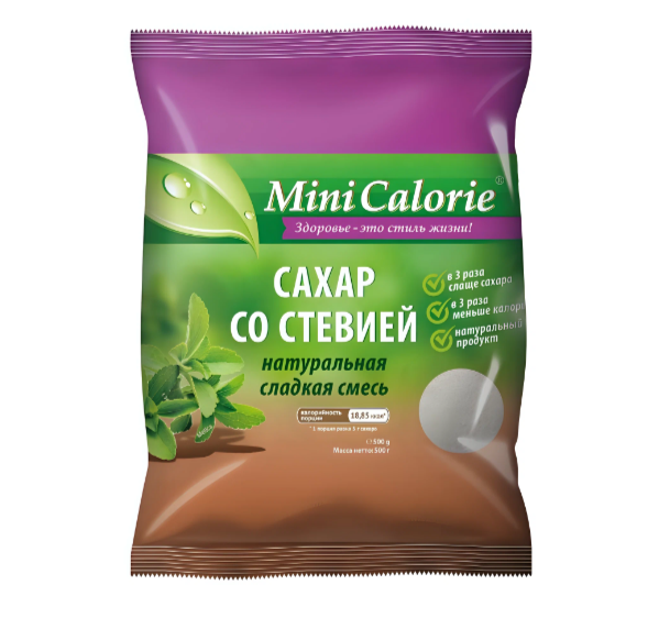 Сахар Mini Calorie со стевией, в 3 раза слаще сахара, 500 гр