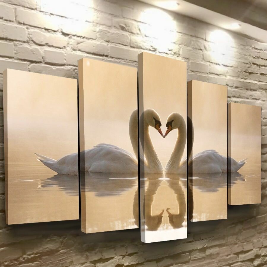 Модульная картина modul007 на стену для интерьера из 5 модулей "Лебеди сердце" 140х80 см декор комнаты на подрамнике