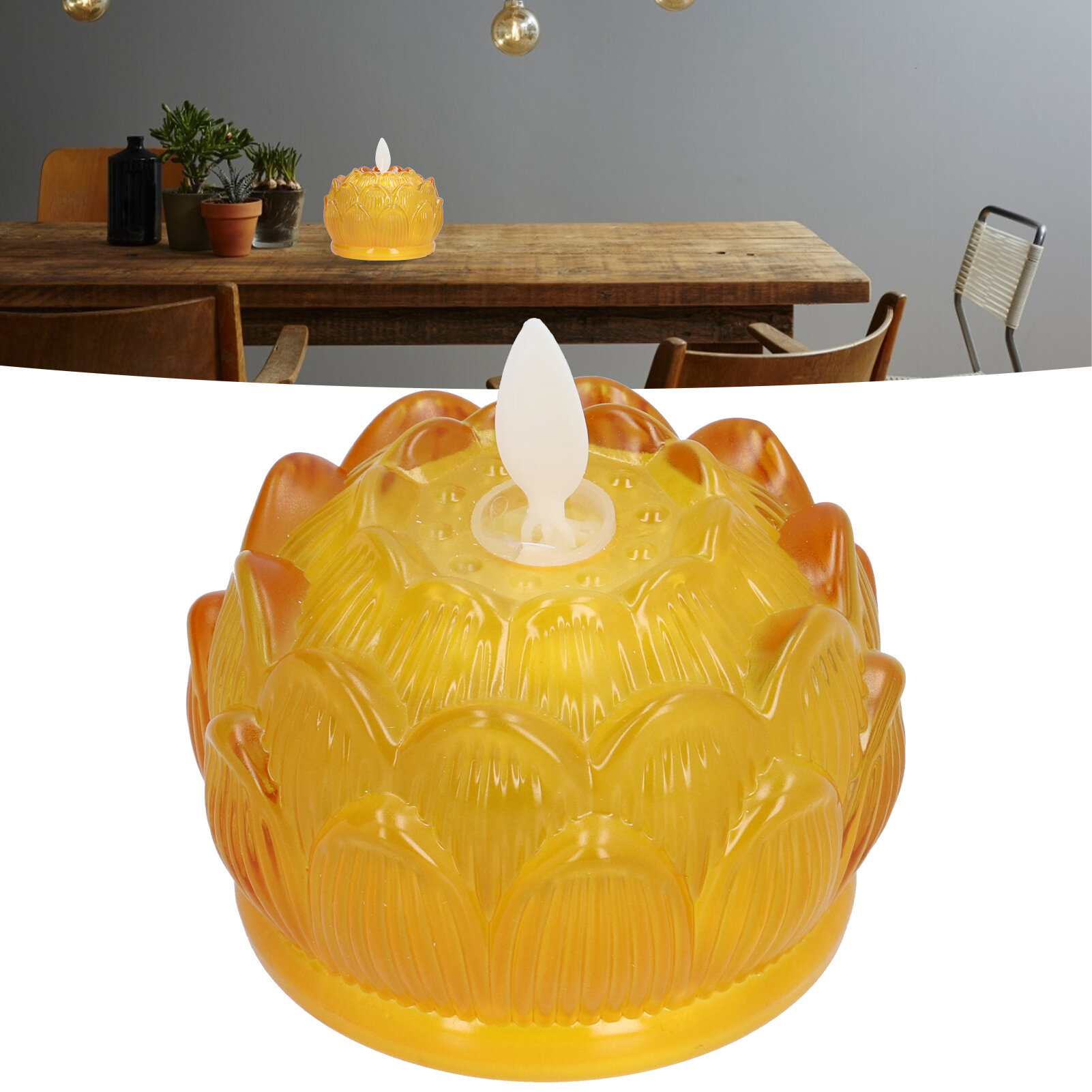 LED Flower Lamp Imitation Glass Yellow Light Electronic Candle Lotus Flower Decor for Home Office Yellow, 7.5x7.5x6cm, Imitation Coloured Glaze, 354g, 2xAA Batteries (Not Included)