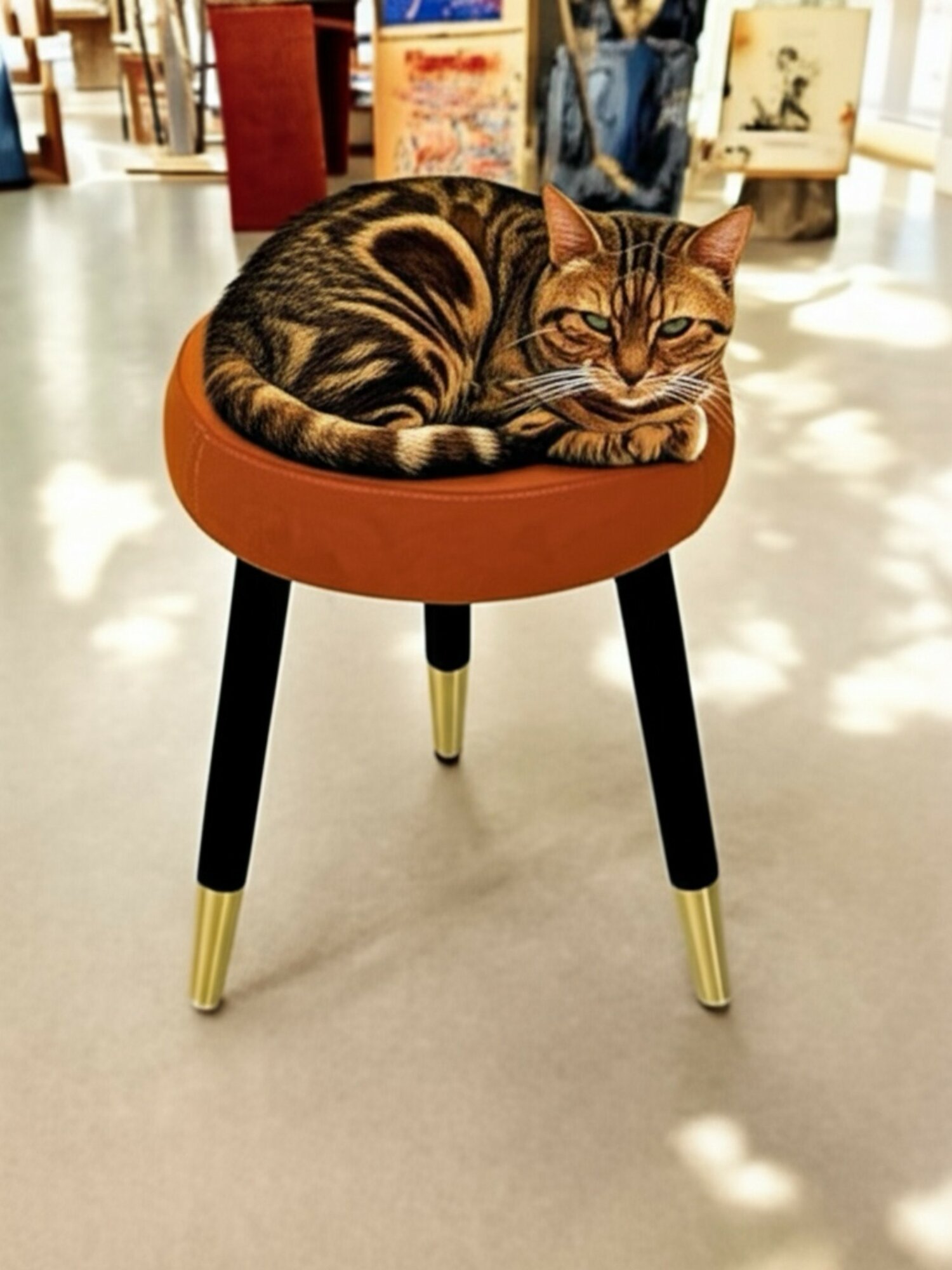 Табурет кухонный, оранжевый, ножки деревянные черные с золотым наконечниками. Табуретка для кухни, съемный чехол