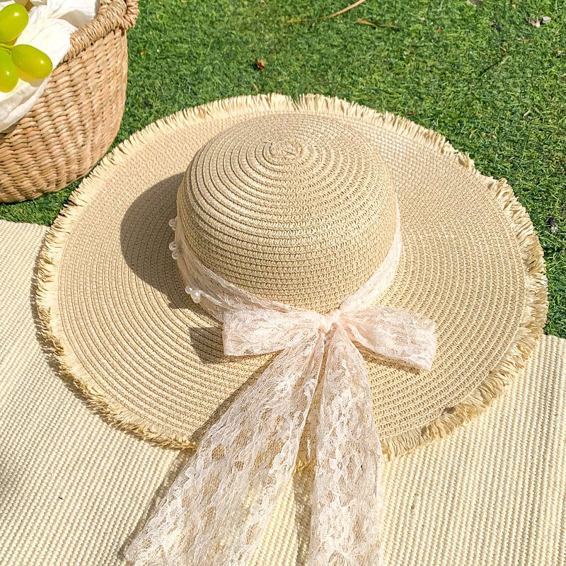 Шляпа от солнца, бежевая, с бантом, корейская версия