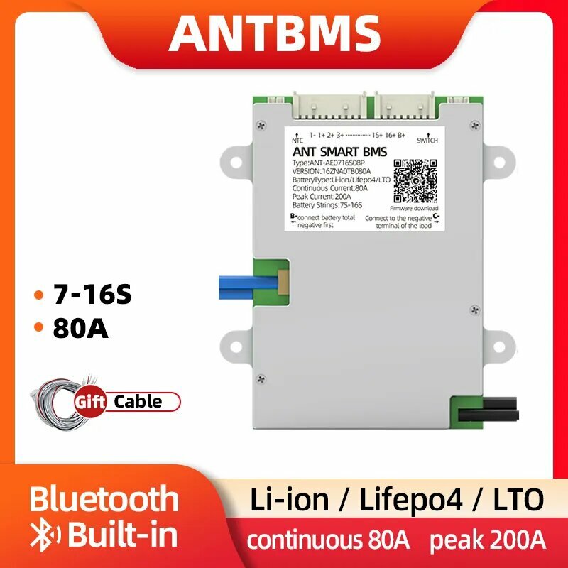 Ant BMS 7S до 16S, поддержка Li-Ion LiFePo4 LTO батареи, смарт BMS 80A непрерывной 200A пика, Bluetooth встроенный,24V 36v 48v, тот же порт smart Balance board
