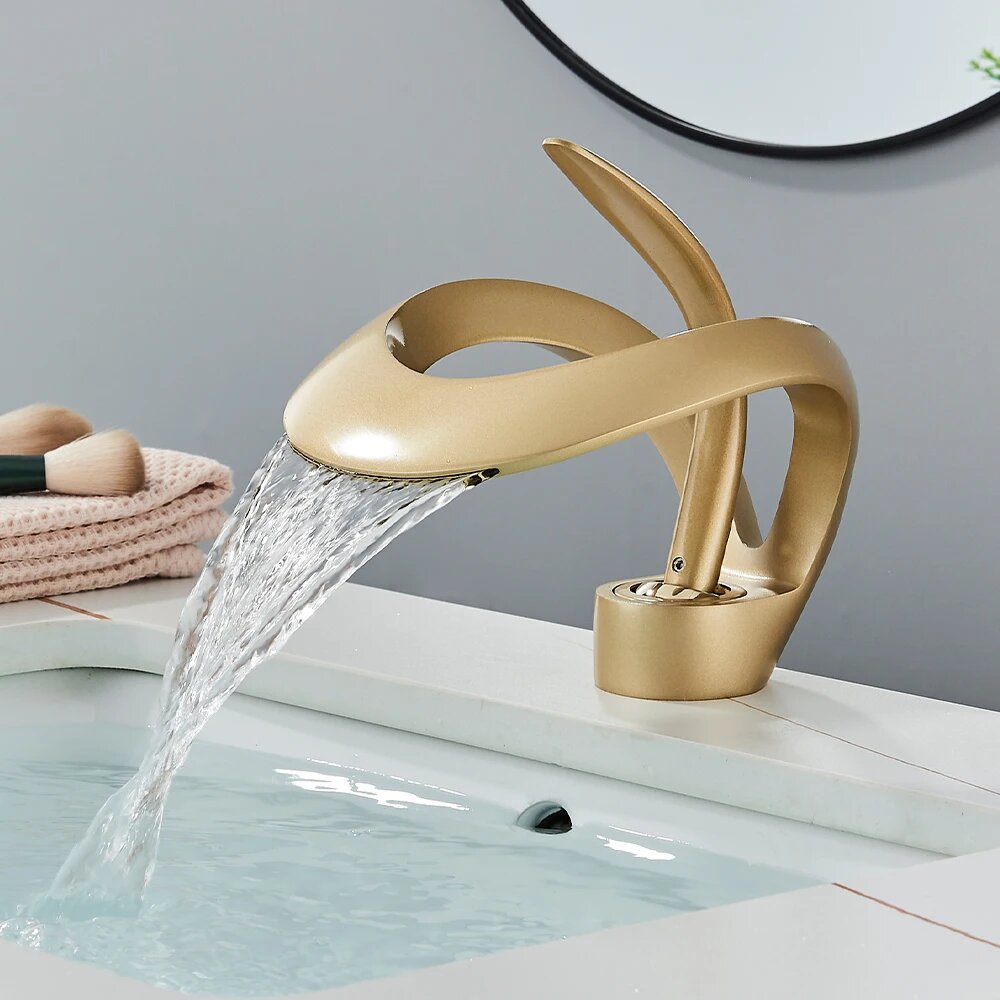 Смеситель для раковины onyzpily серый латунный однорычаточный водопад, gold