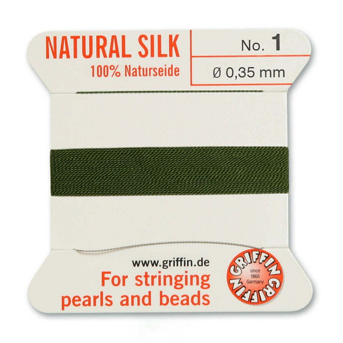 Нить шелковая, Griffin No.1 (0.35мм), оливковая, с иглой, моток, 2 метра