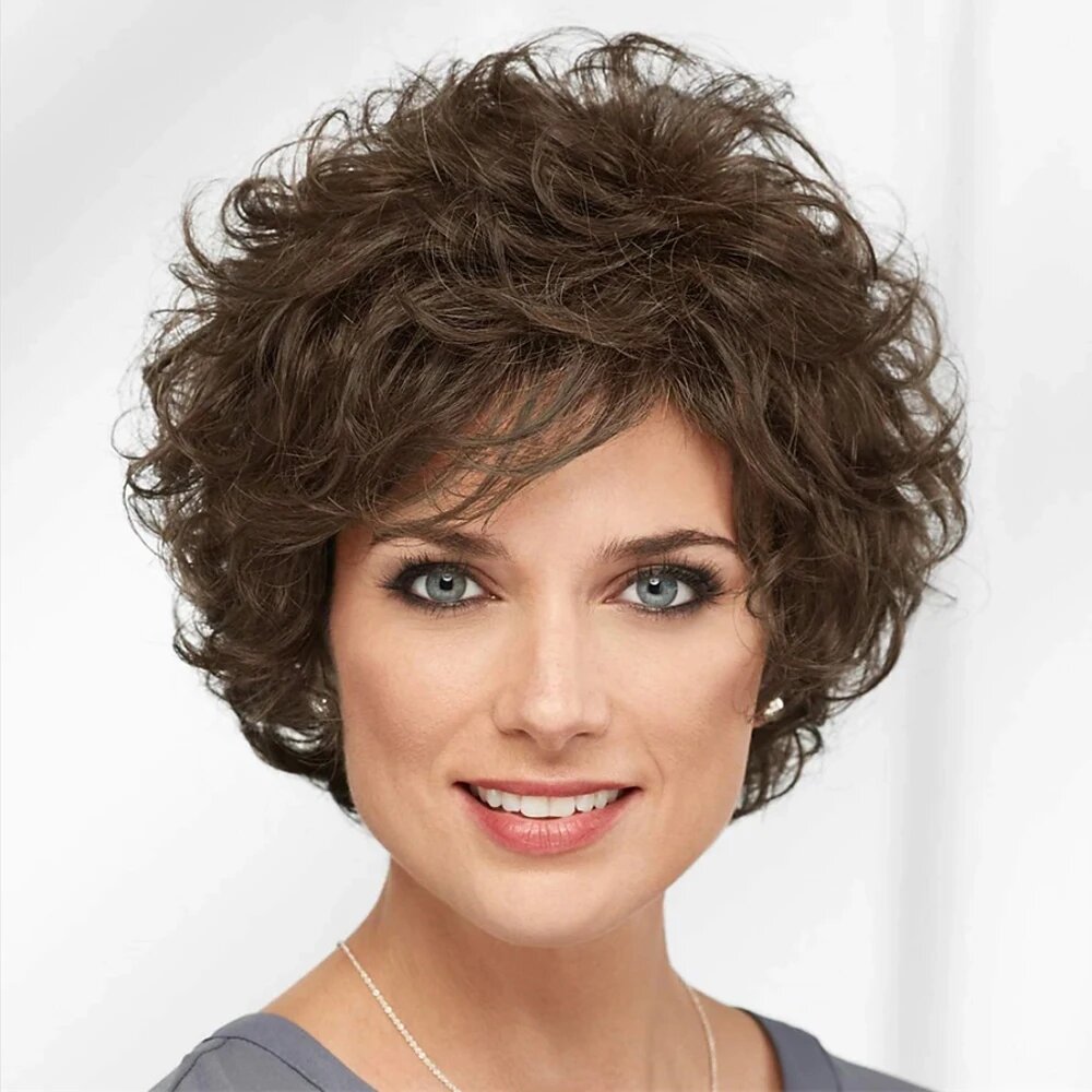 Короткий кудрявый парик HAIRJOY A3 коричнево-серебряный с челкой