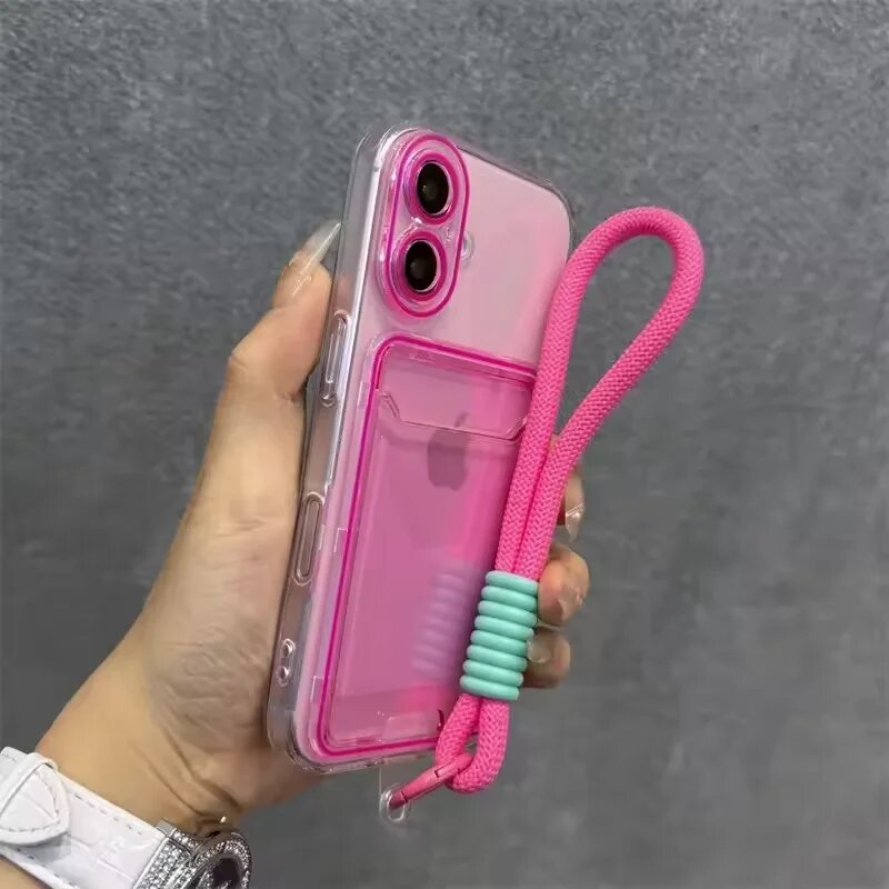 Прозрачный чехол-карта Candy с накладкой на объектив для IPhone 11 12 13 Pro Max 14 15 16 Plus, устойчивый к потерю запястье со шнурком, жесткий чехол для ПК для айфон 12 про макс, Rose Red