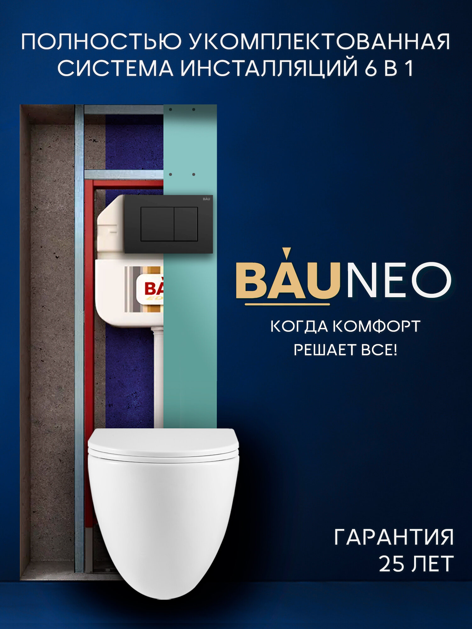 Комплект BAU 6 в 1: рамная инсталляция BAU NEO 45, унитаз подвесной безободковый вихревой со скрытым сливом Bau Dream Hurricane3, сиденье дюропласт микролифт, кнопка смыва BAU Stil , черная матовая