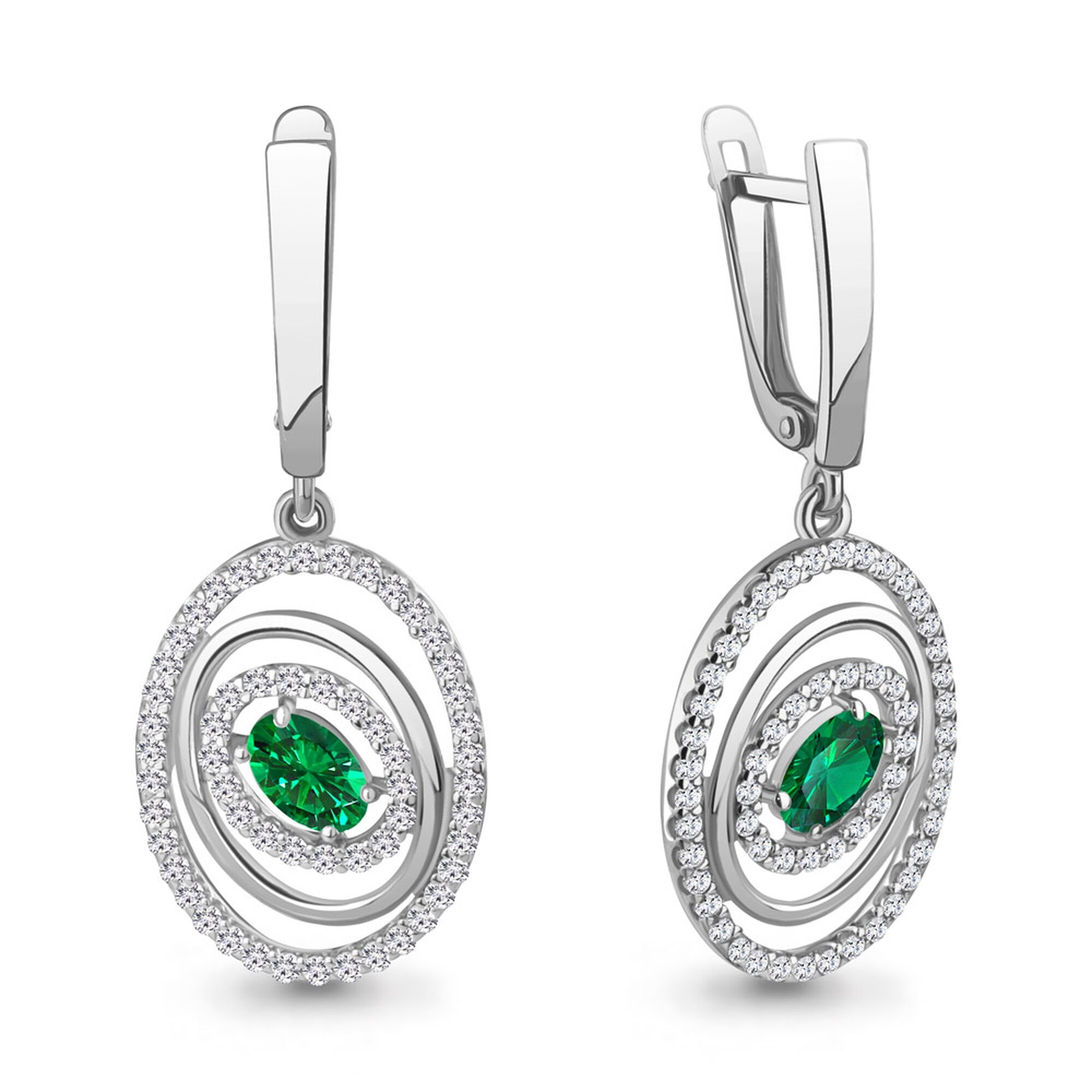 Серьги, серебро, 925 проба, родирование, фианит, изумруд синтетический