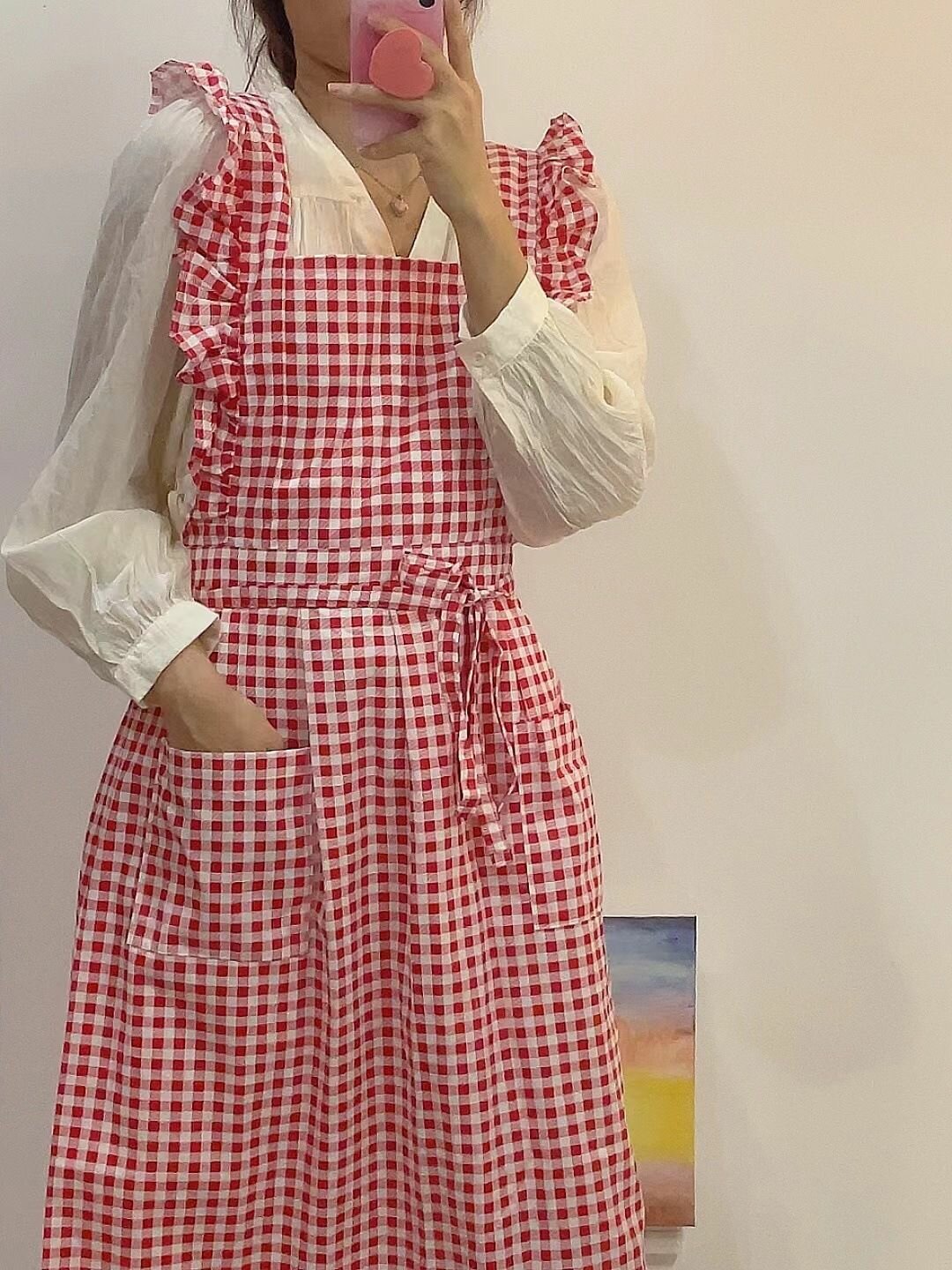 Французский винтажный фартук с рюшами Большой клетчатый фартук