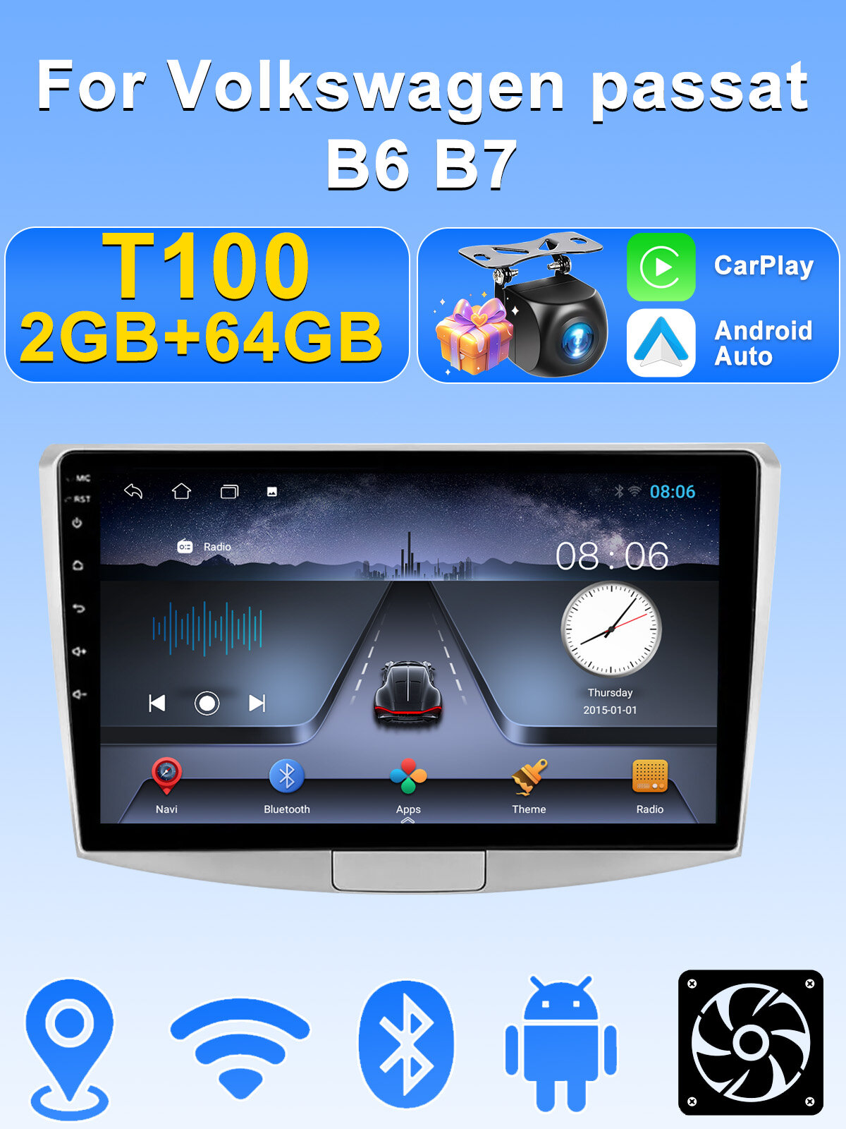 Магнитола для Volkswagen passat B6 B7 2010-2015 , Автомагнитола для Фольксваген Пассат,2din android 2+64G Мультимедиа Bluetooth FM WIFI Автомобильный