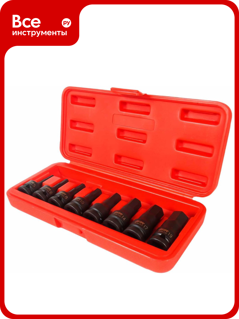 Набор ударных бит-головок 1/2" HEX H5-19 мм, длина 60 мм, в кейсе (8 предметов) JTC J408H, из стали