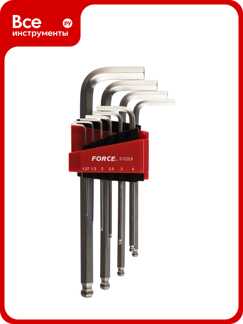 Набор средних Г-образных шестигранников с шаром 10 предметов FORCE 5102LB прочной конструкции