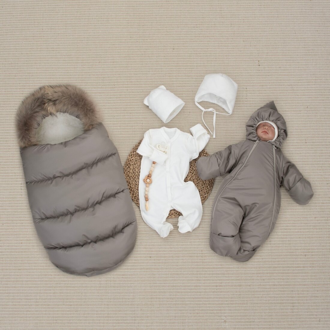 Комплект на выписку 5 предметов "Скандинавия", с опушкой, зимний, капучино