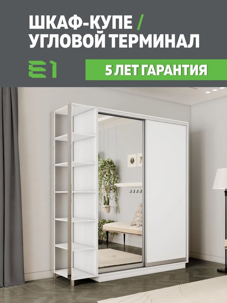 Шкаф-купе Е1 Экспресс с открытыми полками двухдверный, лдсп/зеркало, 160х45х240, белый