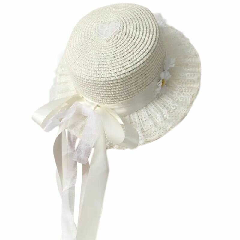 Соломенная шляпа ручной работы "лолита" с белой хризантемой и бантом-лентой, от солнца-бежевый