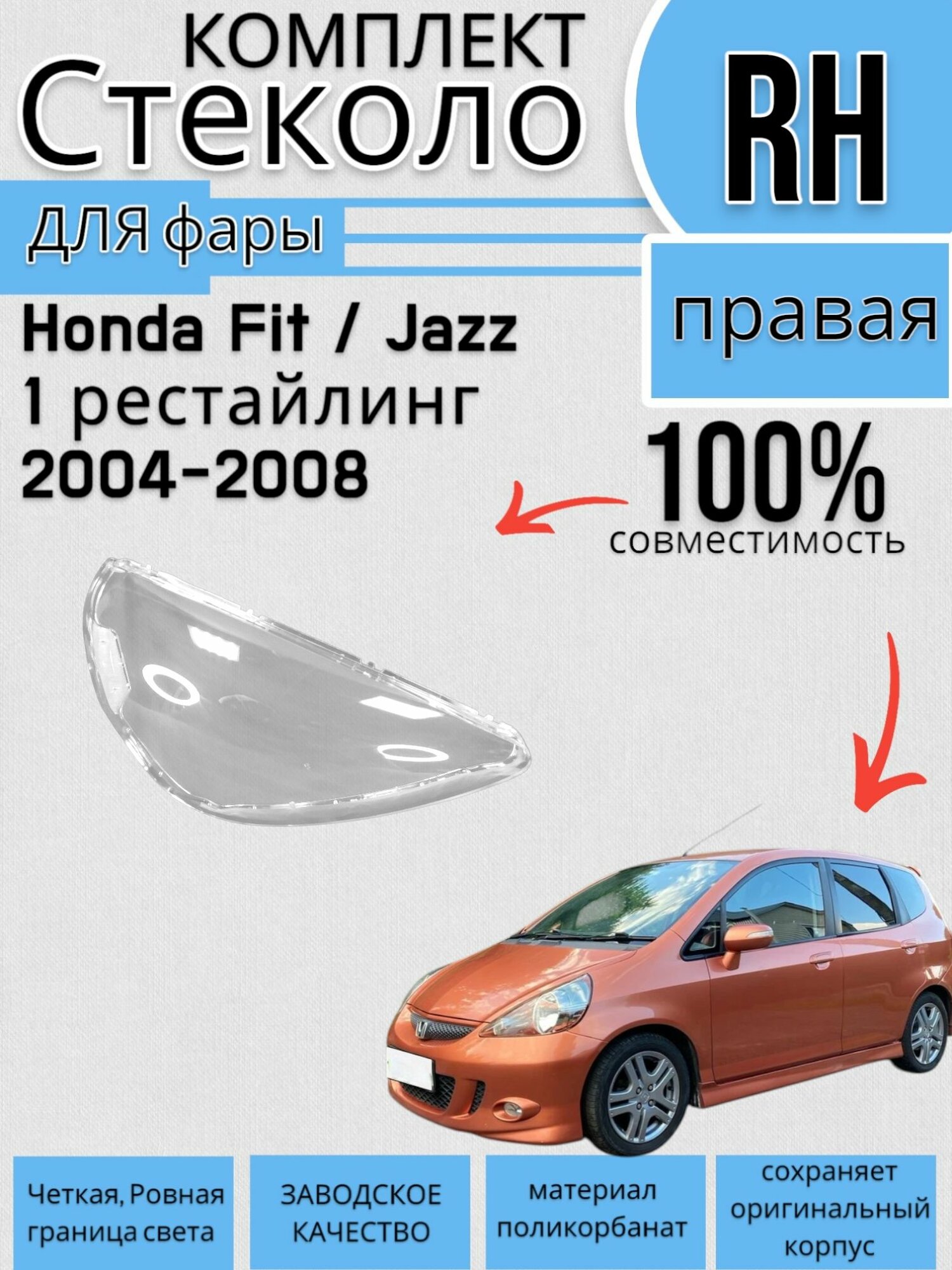 Стекло фары Honda Fit / Jazz 1 рест. (2004-2008) Правое