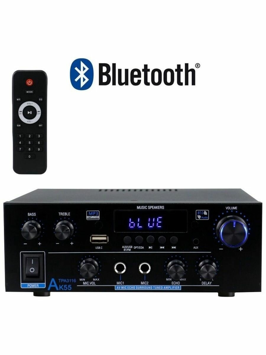 Усилитель AK-55 Hi-Fi 50Вт 2 Bluetooth/USB/SD/FM-радио, пульт ДУ, питание 110-240В, 4-16 Ом (стальной корпус, 2.0 канала)