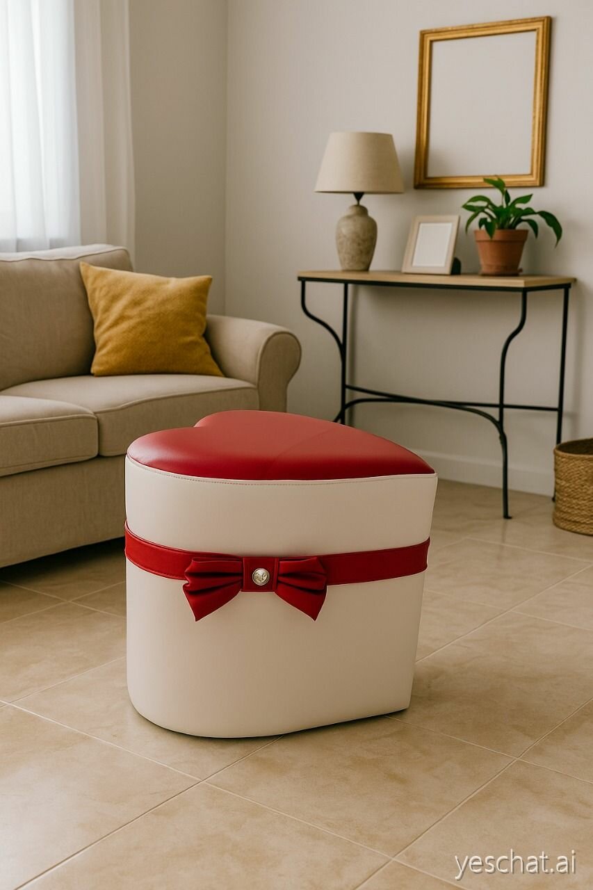 Пуфик "Сердечко", искусственная кожа, каркас из мебельной фанеры/массива дерева, белый/красный