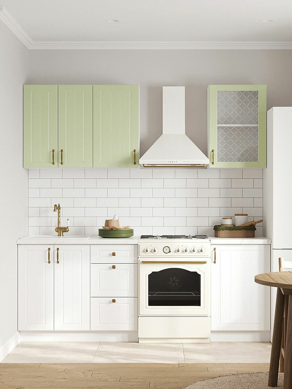 Кухонный гарнитур Флоренс 1.5 м, мебель для дома и кухни, Белый / Фисташковый структурный со стеклом / Белый текстурный