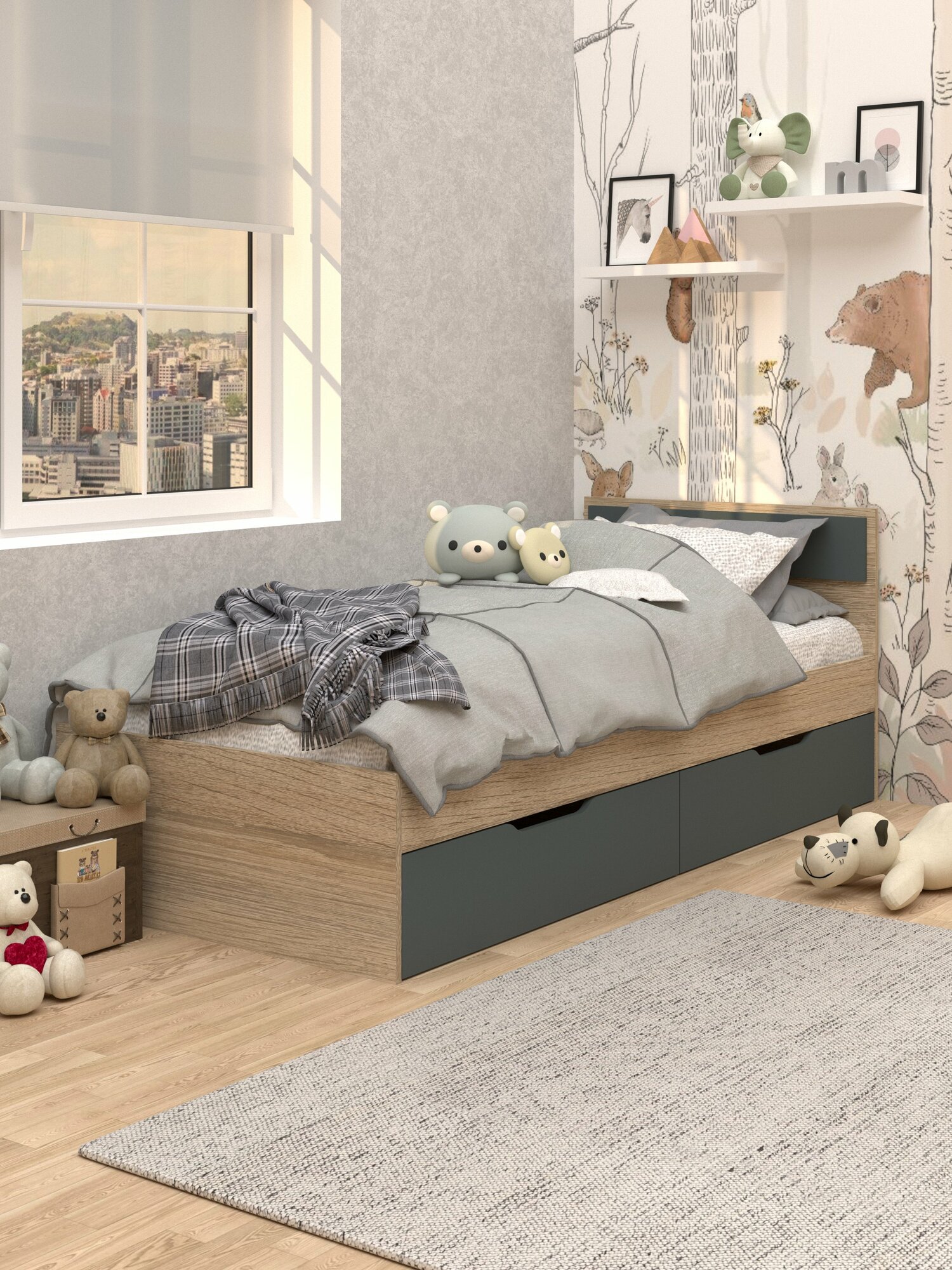 Есэндвич Монако Кровать 90х200 односпальная 203х78х93 см (Дуб сонома/Базальт) с ящиками