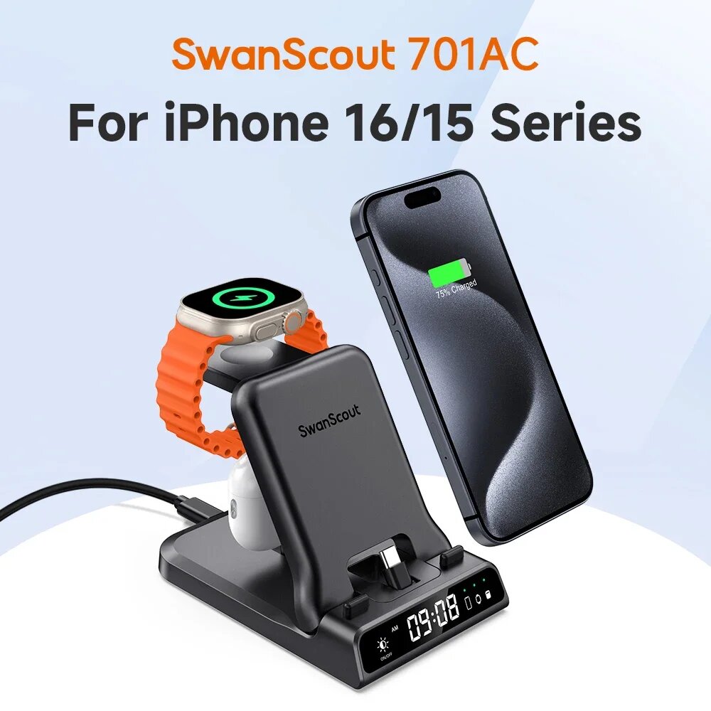 Зарядное устройство SwanScout 701AC для iPhone 17, 16, 15, 14, док-станция для быстрой зарядки Apple Watch Ultra 3 11 10 9 SE 2 для AirPods Pro 3 Black-EU Plug