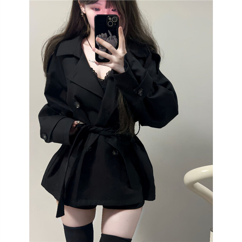Женский двубортный плащ в стиле ретро Pure Desire, новинка осени, маленького размера, высококачественное черное короткое пальто с высокой талией