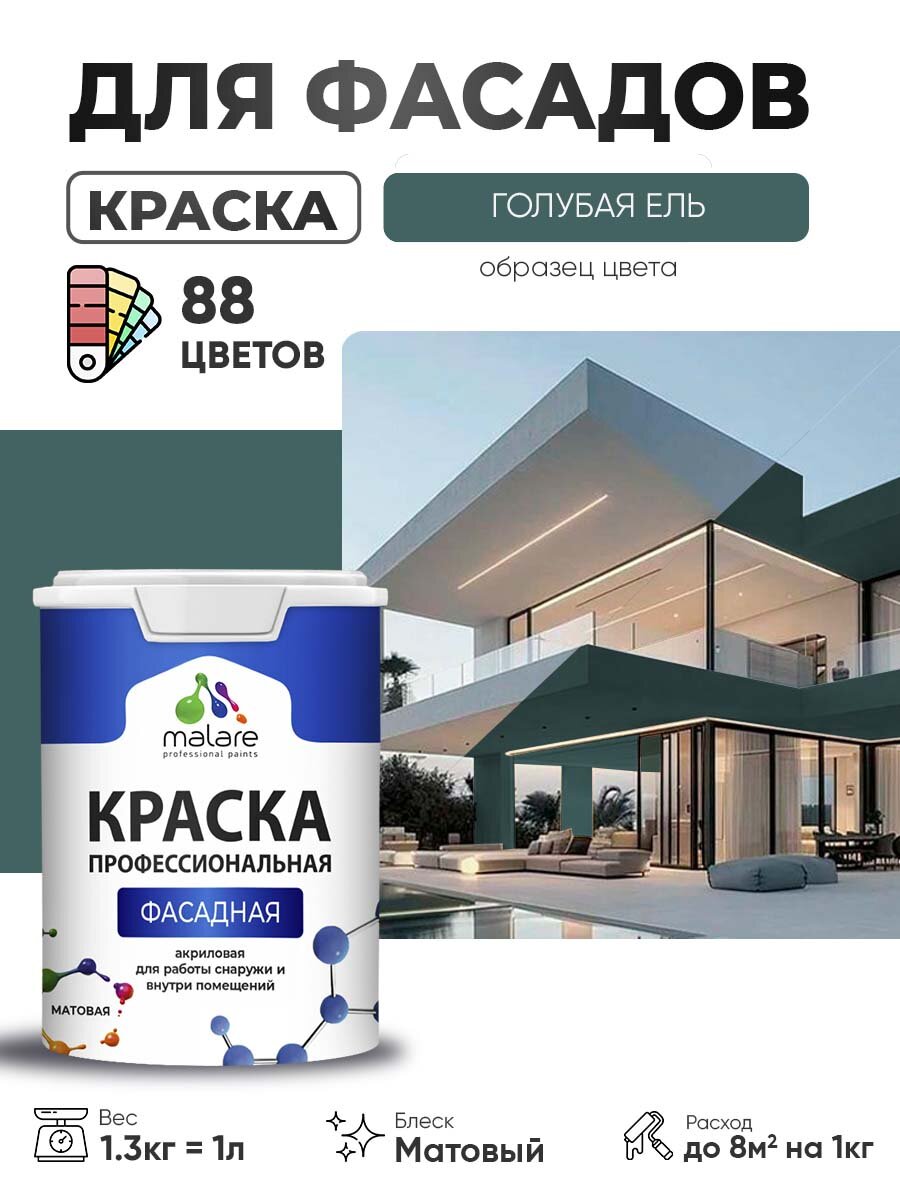 Краска Malare Professional фасадная по дереву, бетону и штукатурке, для камня и кирпича, без запаха, матовая, голубая ель, (1л - 1.3кг)